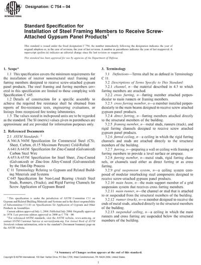 Astm C754 04 Standard Specification For Installation Of Steel Framing Members To Receive Screw
