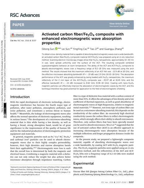 Pdf Activated Carbon Fiber Fe 3 O 4 Composite With Enhanced Electromagnetic Wave Absorption
