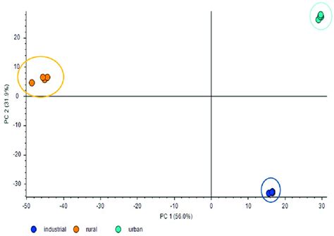 two dimensional pca score plot of air samples for industrial rural and