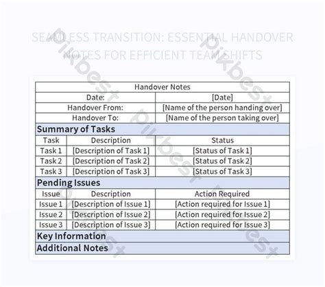 Effective Handover Notes For Smooth Team Transitions Excel Template
