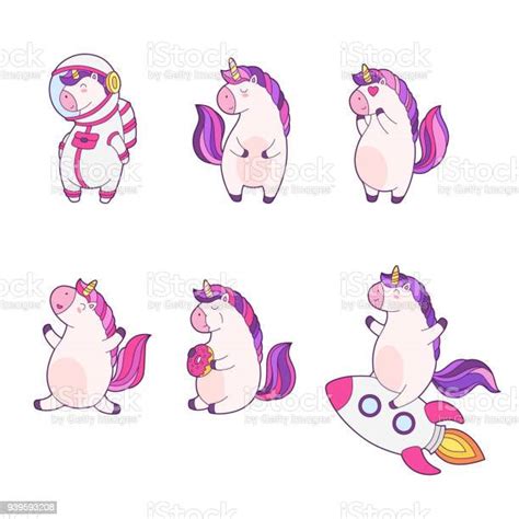 재미 있는 만화 마법의 유니콘의 집합입니다 패치 배지 스티커입니다 엽서 웹 디자인 옷 티셔츠 인쇄 패턴 아이콘의 컬렉션입니다