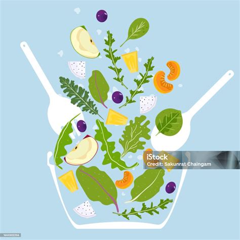 과일 샐러드 그린 애플 파인애플 오렌지 포도 그린 샐러드 건강 식품 국자로 으깬 유리 그릇에 공중에 떠 있습니다 흰색 배경에