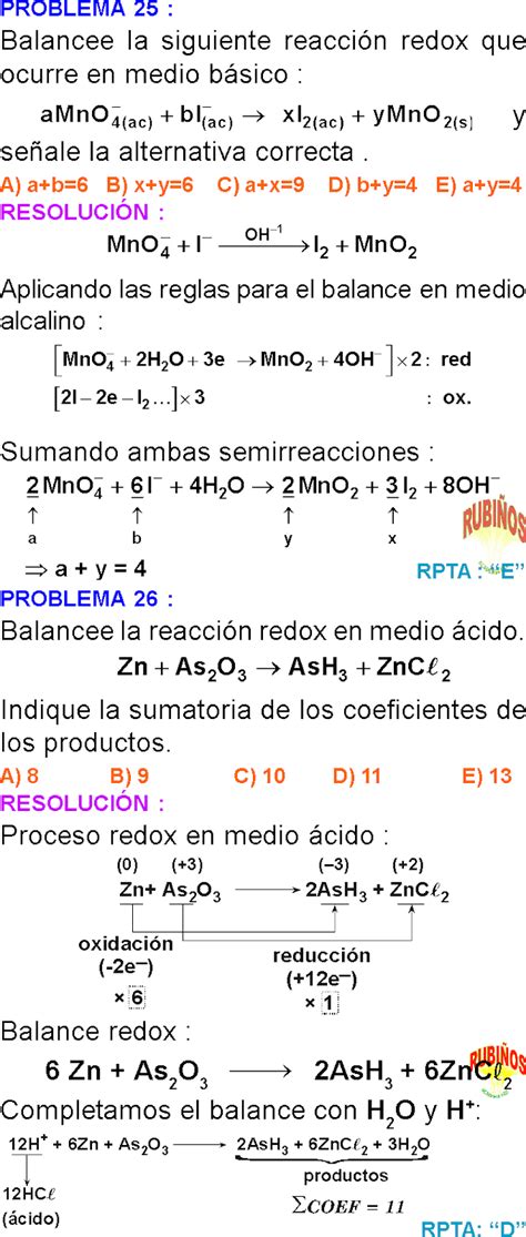 REACCIONES REDOX EJERCICIOS RESUELTOS DE BALANCE DE ECUACIONES MÉTODO