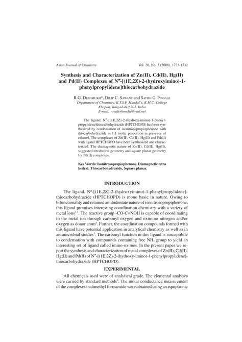 Pdf Synthesis And Characterization Of Zniicdiihgiiand Pdiicomplexes Of N 1e2z 2