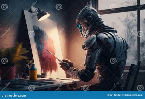 Pinturas Y Pinturas De Artistas De Robots Humanoides De Cyborg Ai Androide En Estudio Oscuro Al