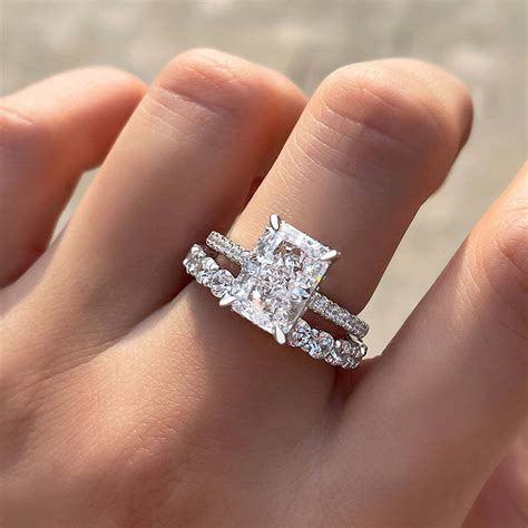 Radiant Cut Engagement Ring With Hidden Halo And Eternity Band Shine Of