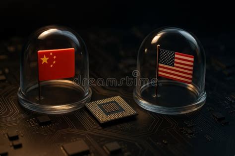 Microchip Placed Between Usa And China Flags Under Glass Domes Symbolizing Protectionism Tech