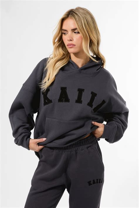 Kaiia Slogan Oversized Hoodie Dark Grey Kaiia