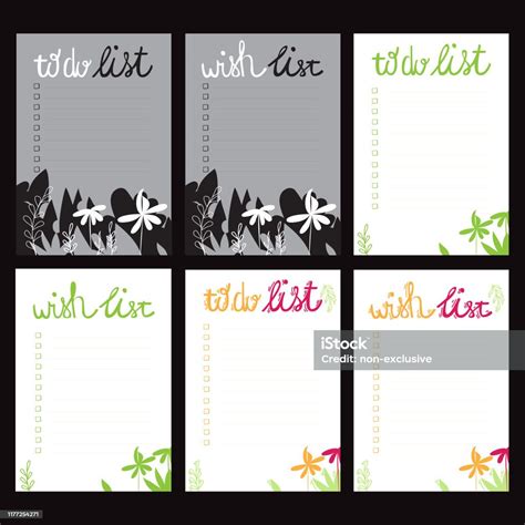 글머리 기호 저널 체크리스트 공백의 집합 노트북 일기 및 플래너를위한 정글 잎여섯 다채로운 낙서 템플릿 흰색 노란색 분홍색