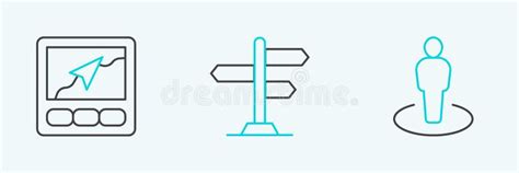 Set Line Location With Person Gps Device Map And Road Traffic Sign Icon Vector Stock Vector