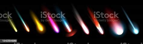 우주 유성 혜성 별 소행성은 불의 흔적이 사실적입니다 3d 운석 불덩어리 우주 물체가 빛나는 가스와 먼지 꼬리와 함께 떨어집니다 벡터 그림 스타 트레일에 대한 스톡 벡터