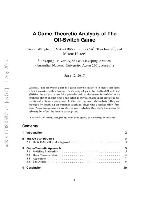 Pdf A Game Theoretic Analysis Of The Off Switch Game