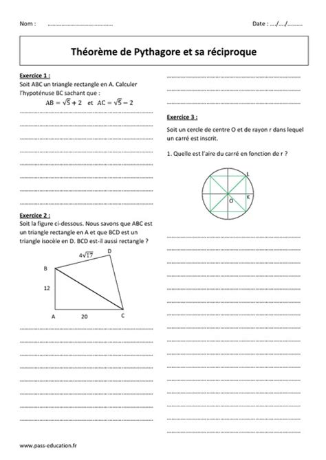 Théorème de Pythagore et sa réciproque nde Exercices corrigés Pass Education