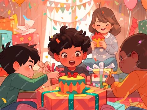 생일파티를 축하하는 만화 사람들 무료 사진