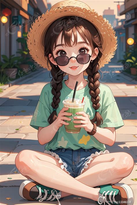 可卡通女孩戴着墨镜和草帽坐在地上喝奶茶ai图片下载 红动中国