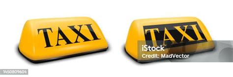 벡터 3d 현실적인 택시 자동차 지붕 기호 아이콘 세트 격리노란색 프랑스 택시 표지판 택시 서비스 모형에 대 한 디자인 서식 파일 전면 반 회전 보기 0명에 대한 스톡 벡터