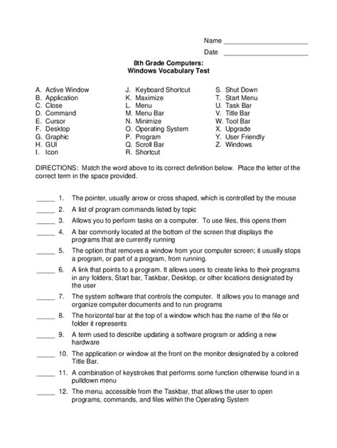 Fillable Online 8th Grade Computers Windows Vocabulary Test A Active