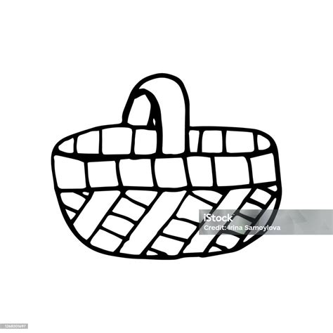 낙서 스타일로 그려진 바구니 손 디자인 아이콘 스티커 포스터 카드에 대한 단일 요소 벡터 스칸디나비아 Hygge 흑백 고리버들