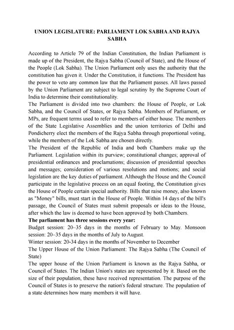Union Legislature Parliament LOK Sabha AND Rajya Sabha UNION