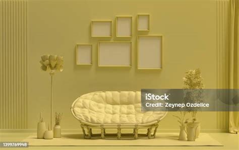 단단한 편평한 파스텔 밝은 노란색 색깔에 있는 여섯 개의 프레임을 가진 벽 모형 단색 인테리어 0명에 대한 스톡 사진 및 기타 이미지 Istock