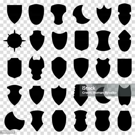 컬렉션 보호 엠블럼 검은 전령 방패 아이콘의 집합입니다 벡터 일러스트 레이 션입니다 개성 개념에 대한 스톡 벡터 아트 및 기타 이미지 개성 개념 개체 그룹 검은색
