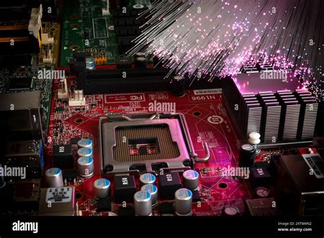 Detail Of Cpu Socket Of A Pc Motherboard Illuminated By A Fiber Optic