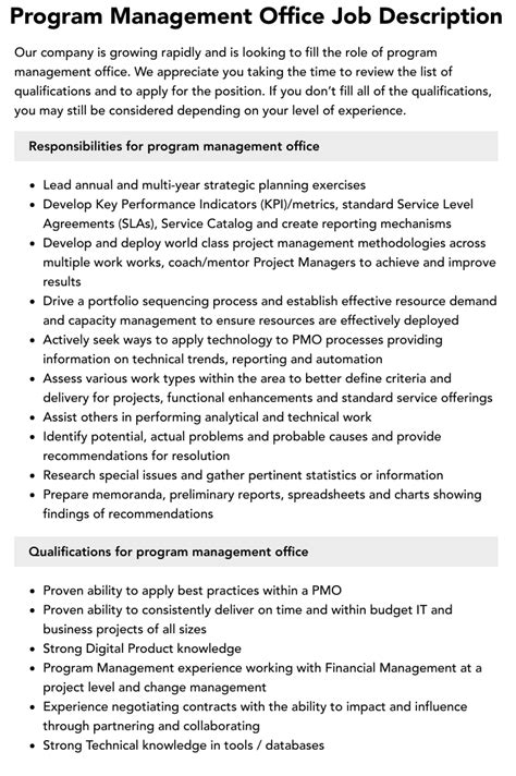 Program Management Office Job Description Velvet Jobs