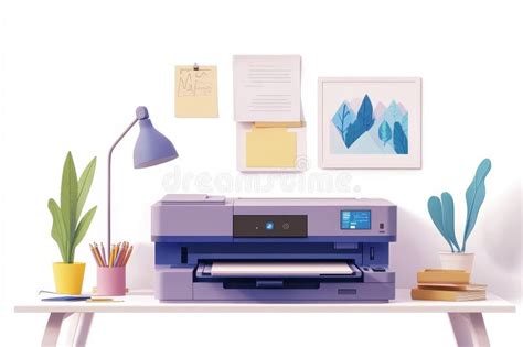 A Clean And Stylish Office Desk With A Modern Printer A Lamp Potted Plants And Decorative