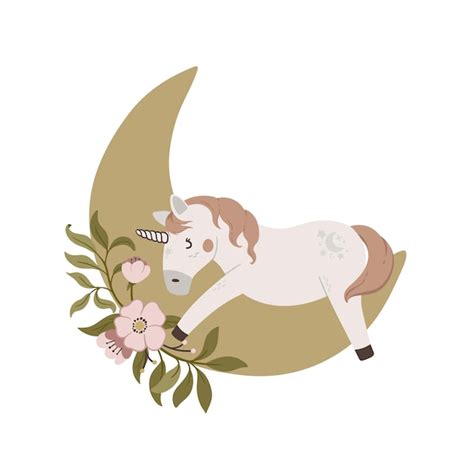Licorne Magique Mignon Dormir Sur Lillustration Vectorielle De Lune