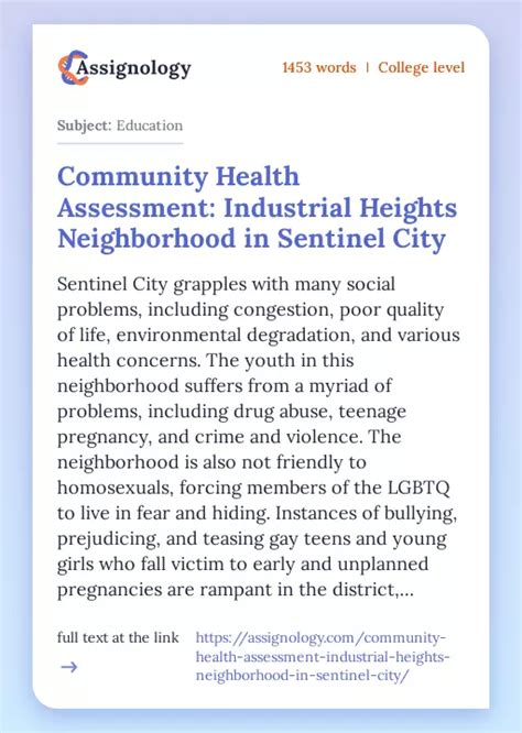 Community Health Assessment Industrial Heights Neighborhood In Sentinel City Healthcare Essay