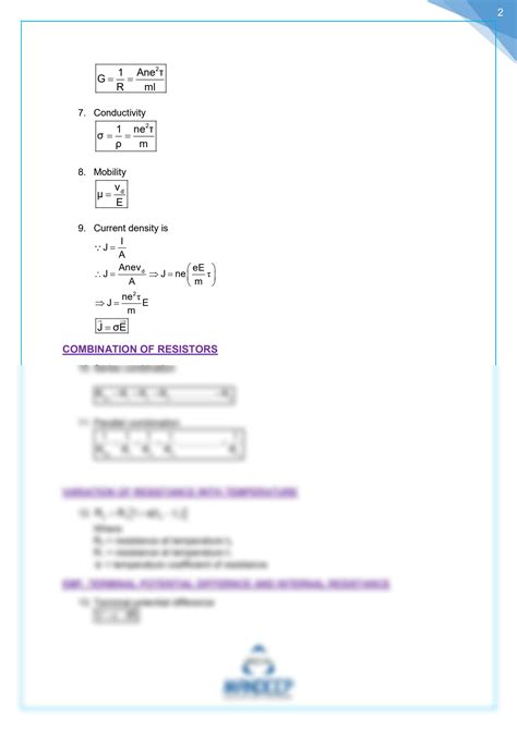 Solution Current Electricity Formula Sheet Studypool