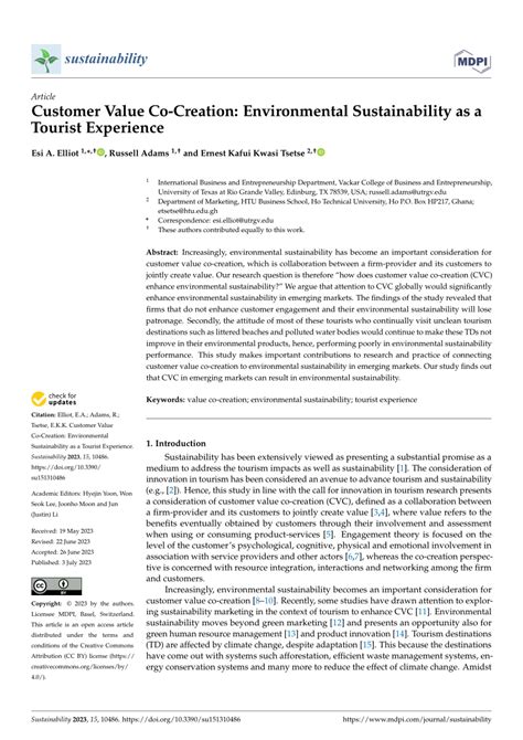Pdf Customer Value Co Creation Environmental Sustainability As A Tourist Experience