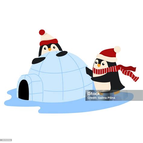 Two Cute Cartoon Style Penguins Making An Igloo From Snow Stock Illustration Download Image