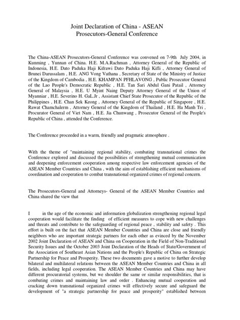 Joint Declaration Of China Asean Prosecutors General Conference