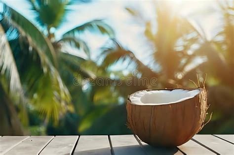 Coconut Shell Resting On Wooden Deck Tropical Paradise Setting