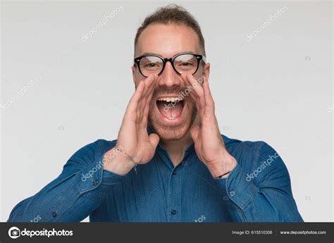 Attractive Casual Man Giving Shoutout His Great News Wearing Eyeglasses