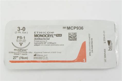Ethicon Mcp936 3 0 Monocryl Plus Stre Ps 1 24mm 38c Reverse Cutting 27inch