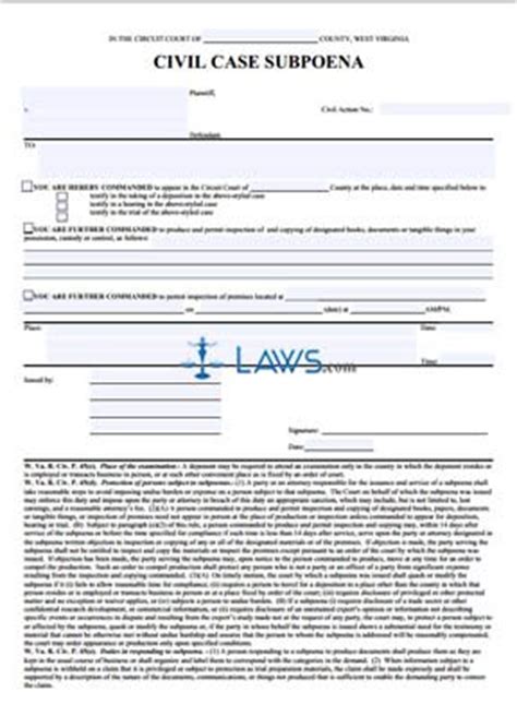FREE CIVIL CASE SUBPOENA Forms Lawyer Contract Template LAWS COM