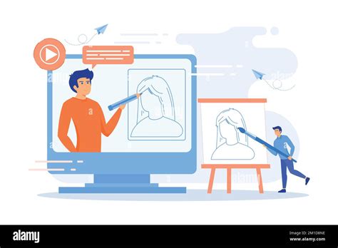 A Man With Easel Before Screen With Video Learning How To Draw A Portrait Education Video