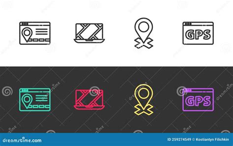 Set Line Infographic Of City Map Navigation City Location And Gps Device With On Black And