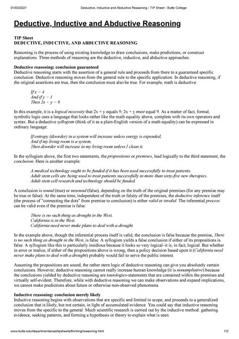 5 Deductive Inductive And Abductive Reasoning Tip Sheet Butte College 01 03 2021