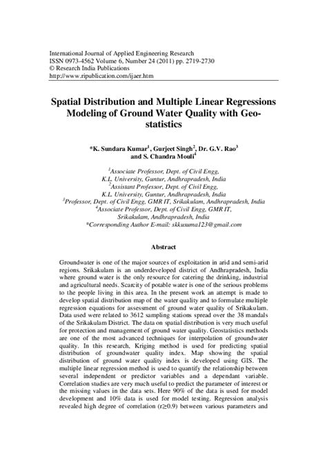 Pdf Spatial Distribution And Multiple Linear Regressions Modeling Of
