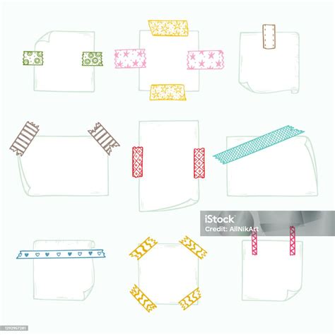 마스킹 테이프와 노트 용지 세트의 다채로운 스트립 손으로 그린 낙서 스티커 테이프 종이 스카치 패턴 접착제 테이프 컬렉션 벡터