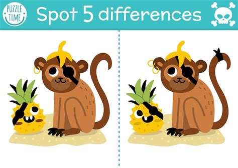 아이들을 위한 틀린 그림 찾기 게임 귀여운 해적 원숭이와 파인애플이 있는 바다 모험 교육 활동 재미있는 캐릭터가 있는 아이들을 위한 보물섬 퍼즐 인쇄 가능한 워크시트xa