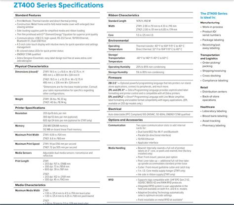 Zt400 Series Spec Sheet Thông Số Zt410 Zt411 Zt421 Zt420
