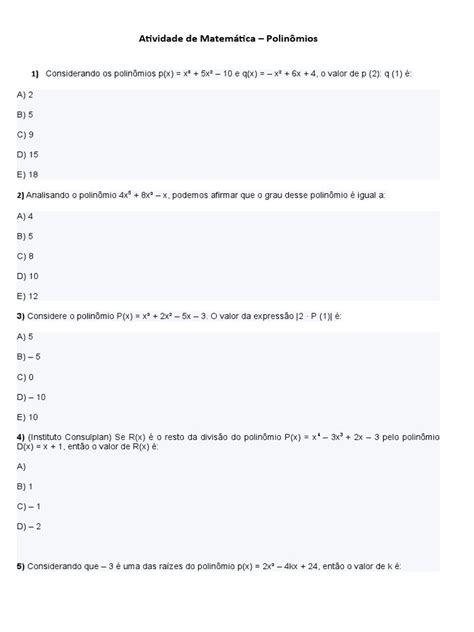 Atividade De Matemática Polinômios 2 Pdf