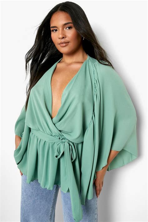 Plus Angel Sleeve Wrap Peplum Blouse Boohoo Usa