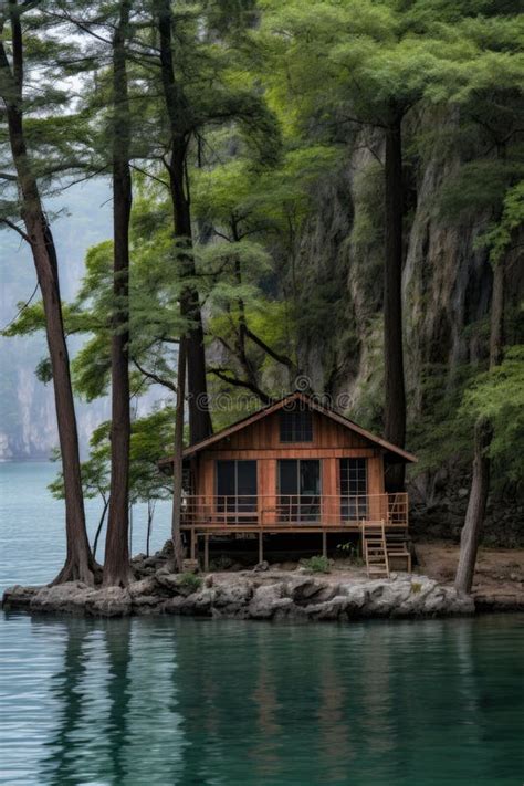 A Small Wooden House Sits On An Island Surrounded By Trees Ai Stock