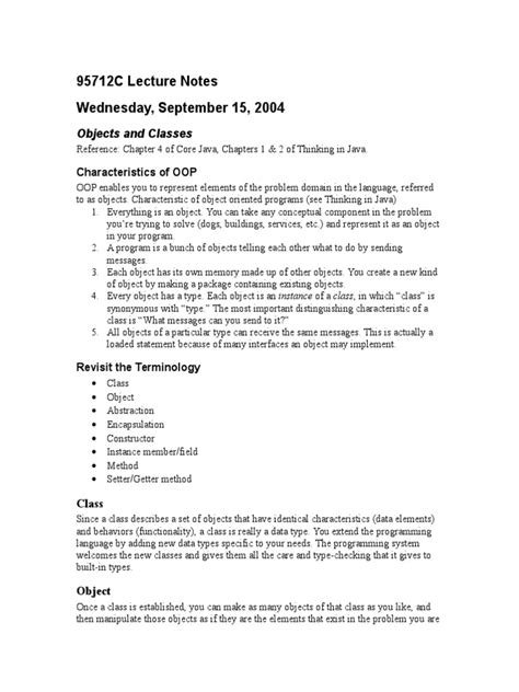 95712c Lecture Notes Wednesday September 15 2004 Objects And Classes