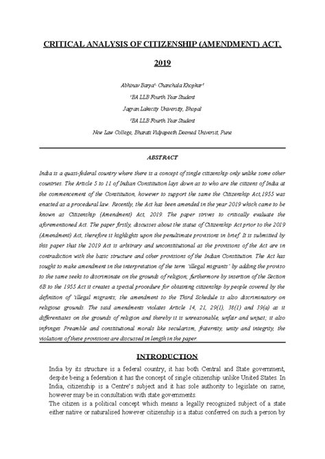Critical Analysis Of Citizenshipamendment Act 2019 Critical